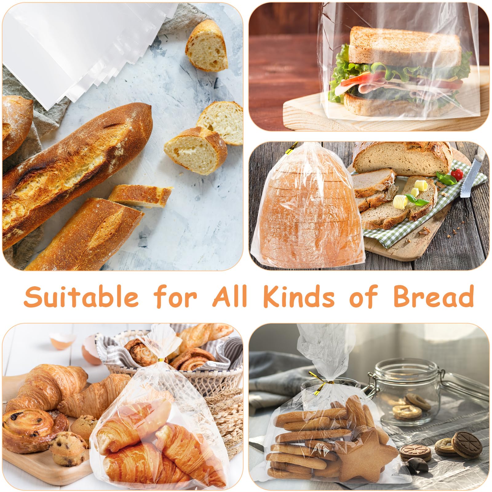 Bread Bags with Ties, 72 Pack Clear Bread Bags for Homemade Bread and 100 Ties, Adjustable Reusable Plastic Bread Bags, Bread Loaf Bags for Home Bakers and Bakery Owners