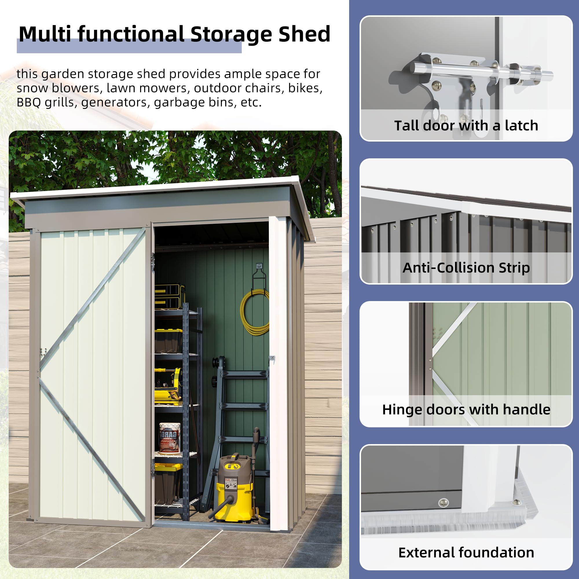 5X3 FT Outdoor Storage Shed, Waterproof Metal Garden Sheds with Lockable Door, Steel Tool Storage Buildings Shed & Outdoor Storage House for Garden, Backyard, Patio, Lawn, Trash Cans(Gray)