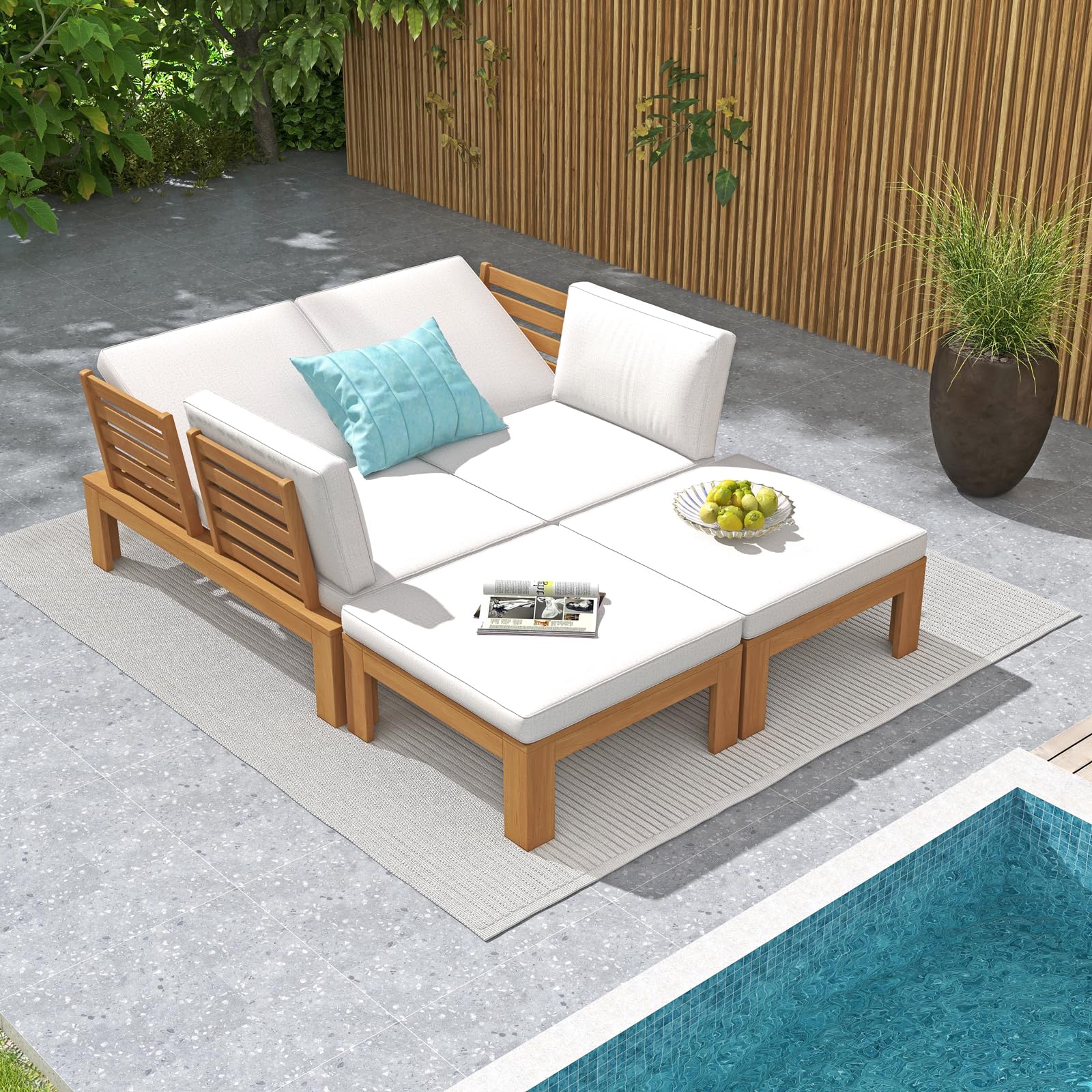 SUNSITT 4 Piece Acacia Wood Patio Furniture Outdoor Sectional Sofa Set with Adjustable Armrest, FSC Certified L-Shaped Patio Set w/2-in-1 Coffee Table, Cream White Cushions for Garden