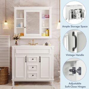 36 in Bathroom Vanity with Sink and Medicine Cabinet Set, 2 Drawers, 2 Doors and Shelves, Wood Single Sink Bathroom Cabinet with Soft Closing, Modern White Bathroom Vanity Set