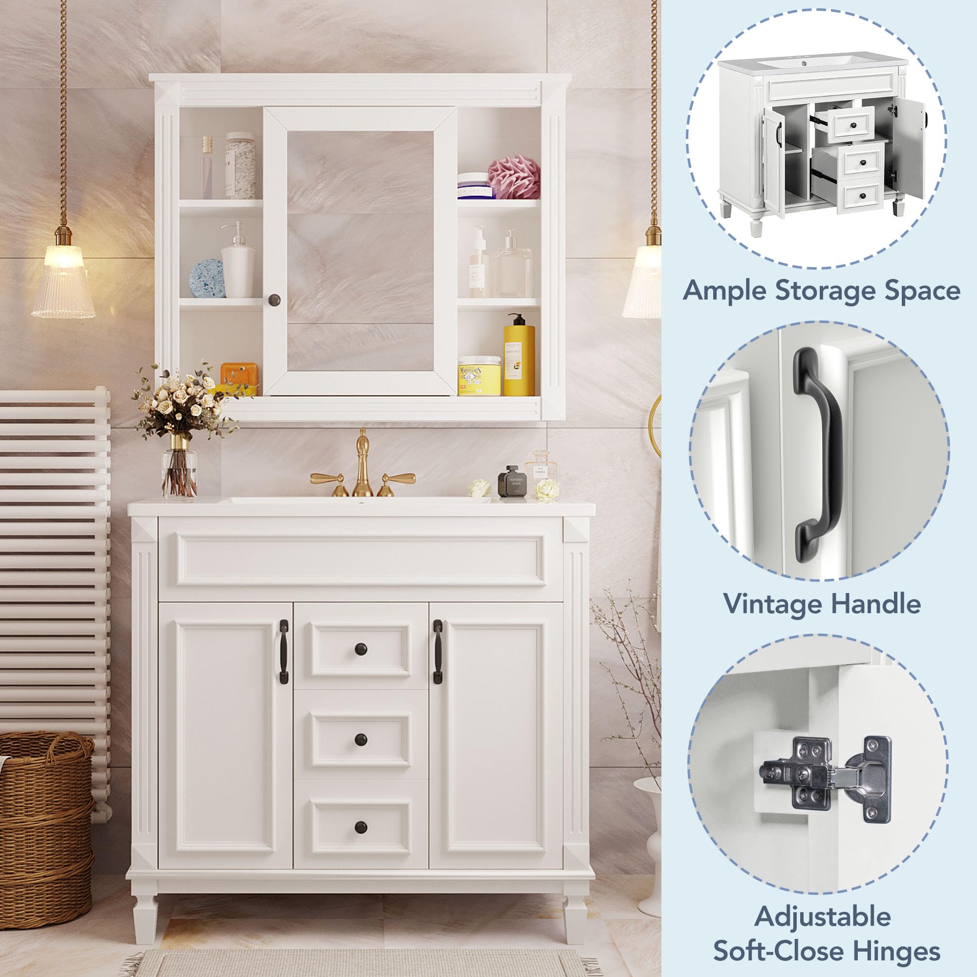 36 in Bathroom Vanity with Sink and Medicine Cabinet Set, 2 Drawers, 2 Doors and Shelves, Wood Single Sink Bathroom Cabinet with Soft Closing, Modern White Bathroom Vanity Set