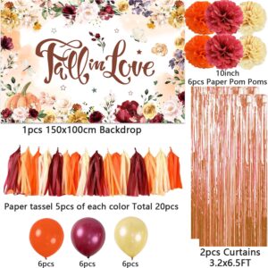 Fall In love Bridal Shower Decorations Fall Wedding Decorations 47pcs Fall Bridal Shower Decorations Set Includes Backdrop, Paper Pom Poms, Paper Tassel, Curtains and Balloons