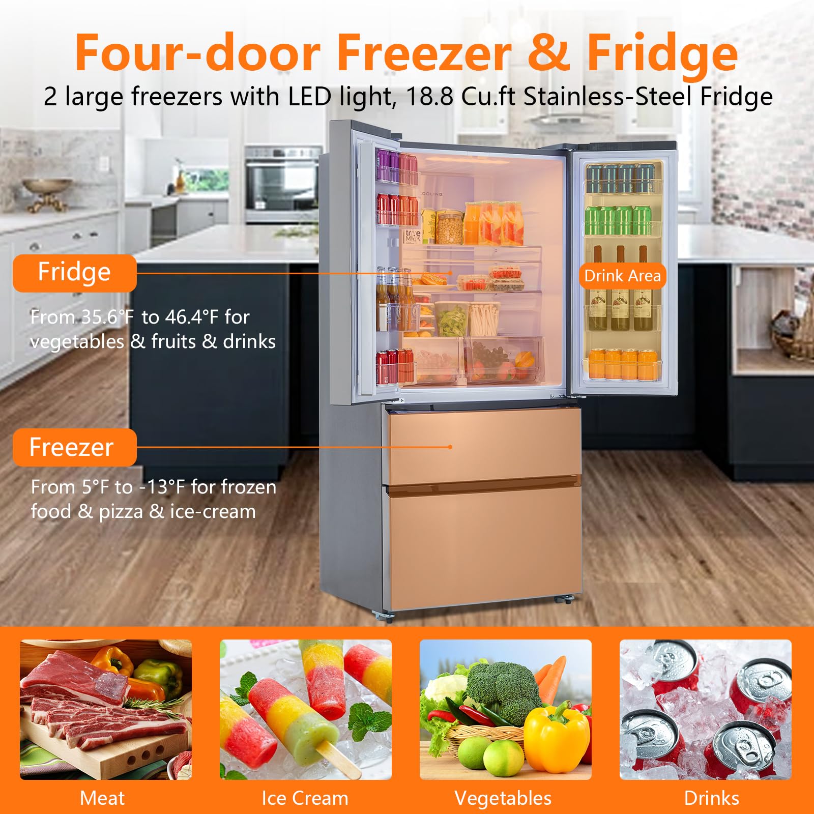 GarveeHome French Door Refrigerator, 18.8 Cu.Ft. Counter Depth Stainless Steel Refrigerators, 4 Door Fridges Full Size Bottom Freezer Kitchen Fridge, Automatic Defrost, LED Lighting