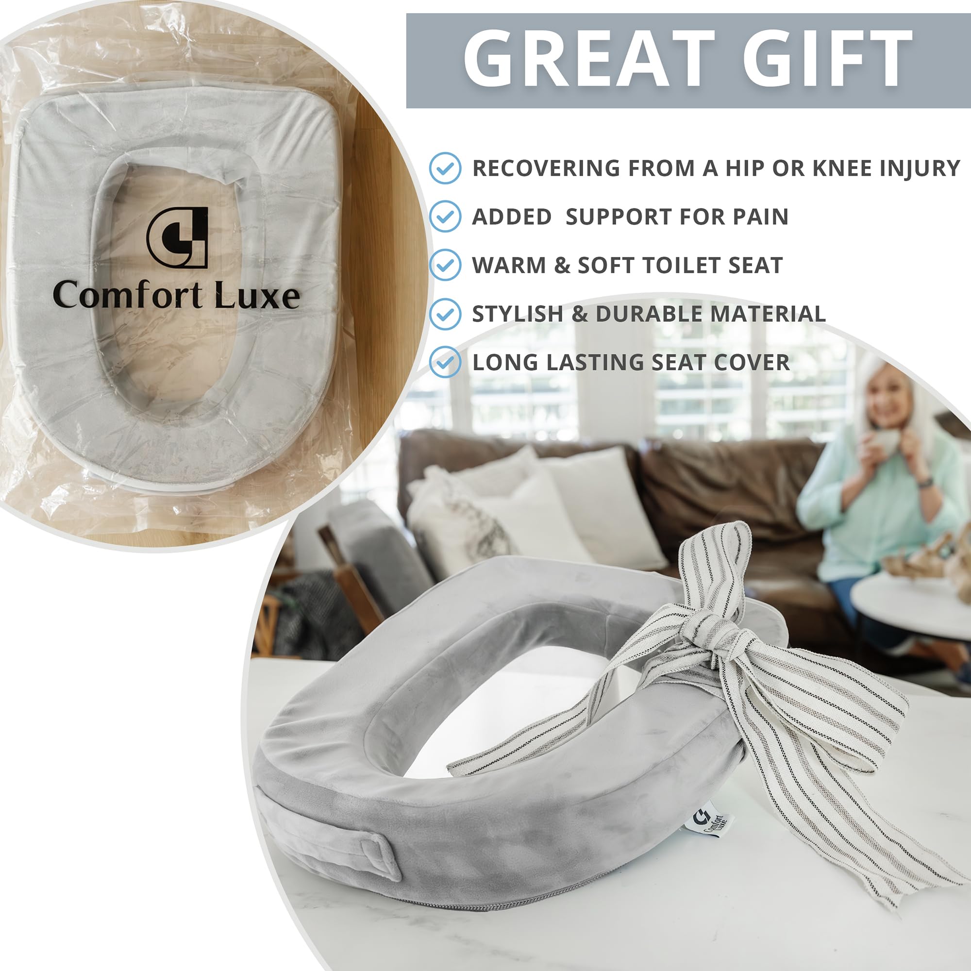 COMFORT LUXE Padded Toilet Seat Cushion - 2” Firm Cushioned Toilet Seat for Seniors and Post Surgery Recovery, Soft, Warm Toilet Riser Seat with Handles and Washable Cover