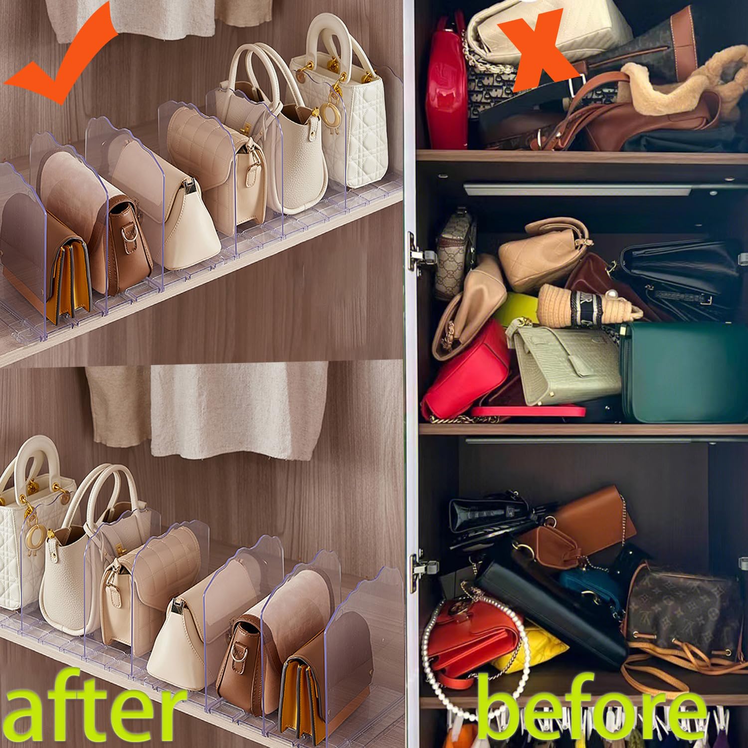 2 Pack Bag & Purse Organizer for Closet,Adjustable Clear Handbag Storage Shelf-Plastic Clutch Dividers|Keep Purses upright Closet,Dividers Divider Closet Organizer,Separators Bookshelf Separator