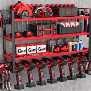 EACONPT Power Tool Organizer, 4 Layer Metal Tool Organizers and Storage, 11 Drill Holder Wall Mount, Power Tool Organizer Wall Mount, Heavy Duty Tool Organizer for Garage Storage, Gifts for Men, Red