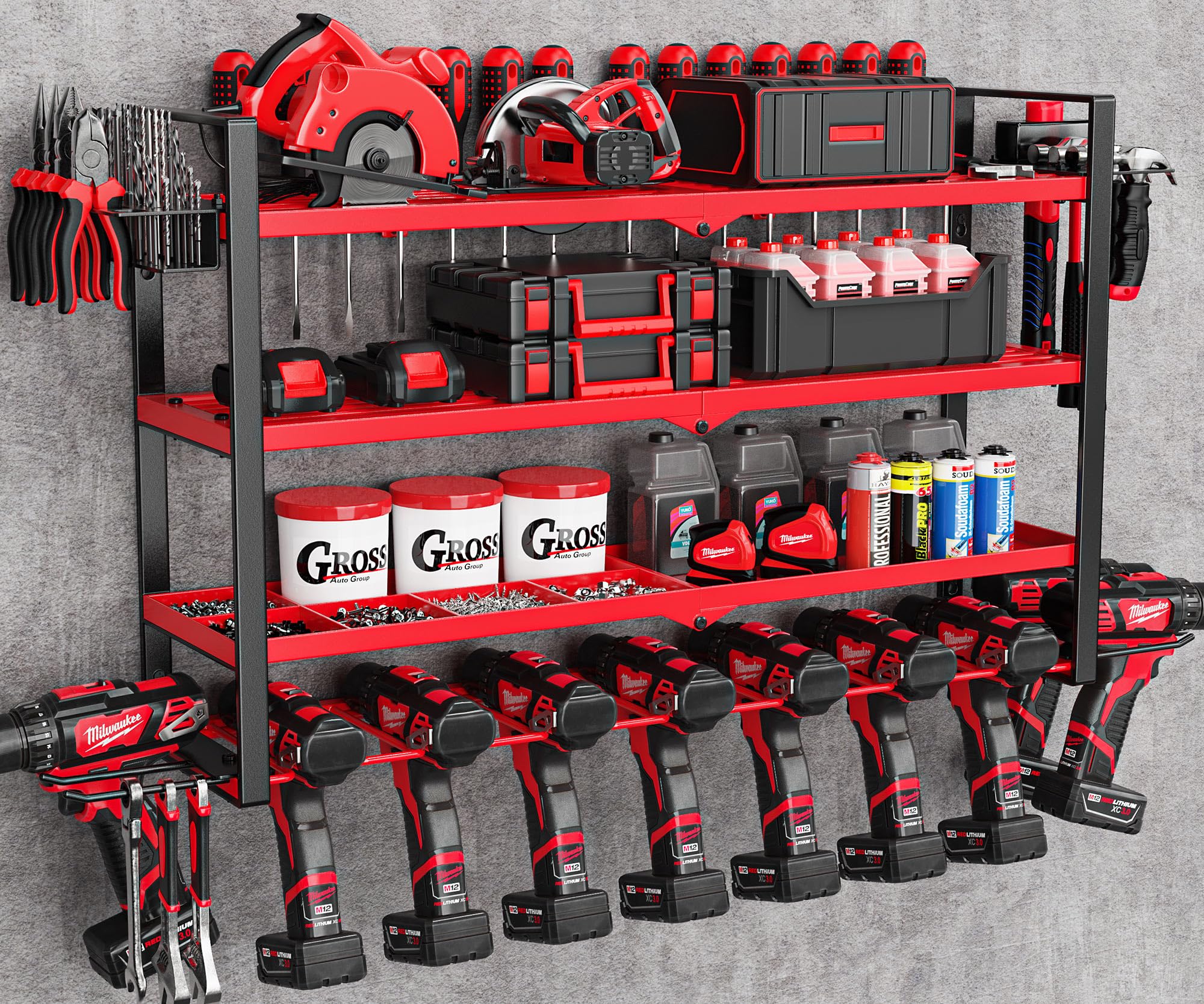 EACONPT Power Tool Organizer, 4 Layer Metal Tool Organizers and Storage, 11 Drill Holder Wall Mount, Power Tool Organizer Wall Mount, Heavy Duty Tool Organizer for Garage Storage, Gifts for Men, Red