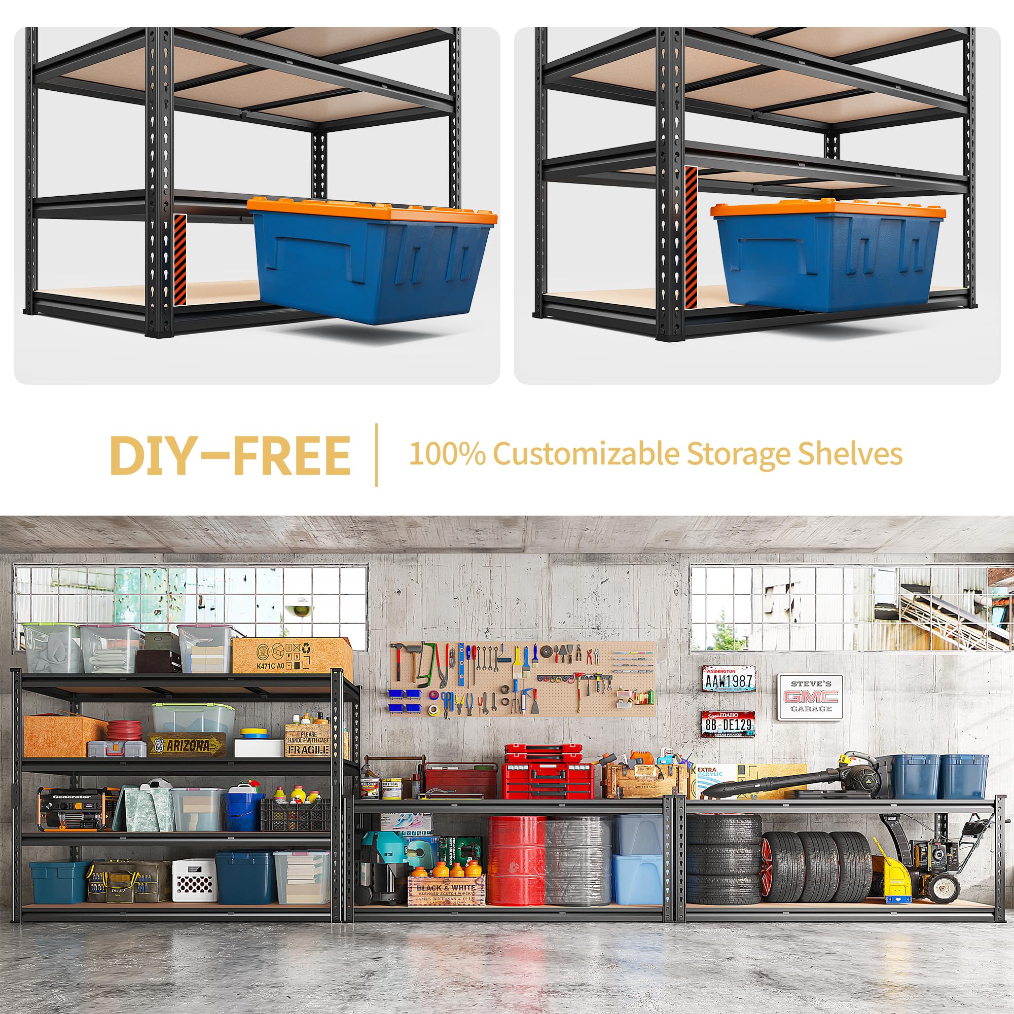 REIBII 48.2''W Storage Shelves Heavy Duty Garage Shelving 2500LBS Garage Shelves Adjustable Storage Shelves 4 Tier Metal Shelves for Storage Rack Industrial Metal Shelving Unit, 48.2"W X 24.2"D X 60"H