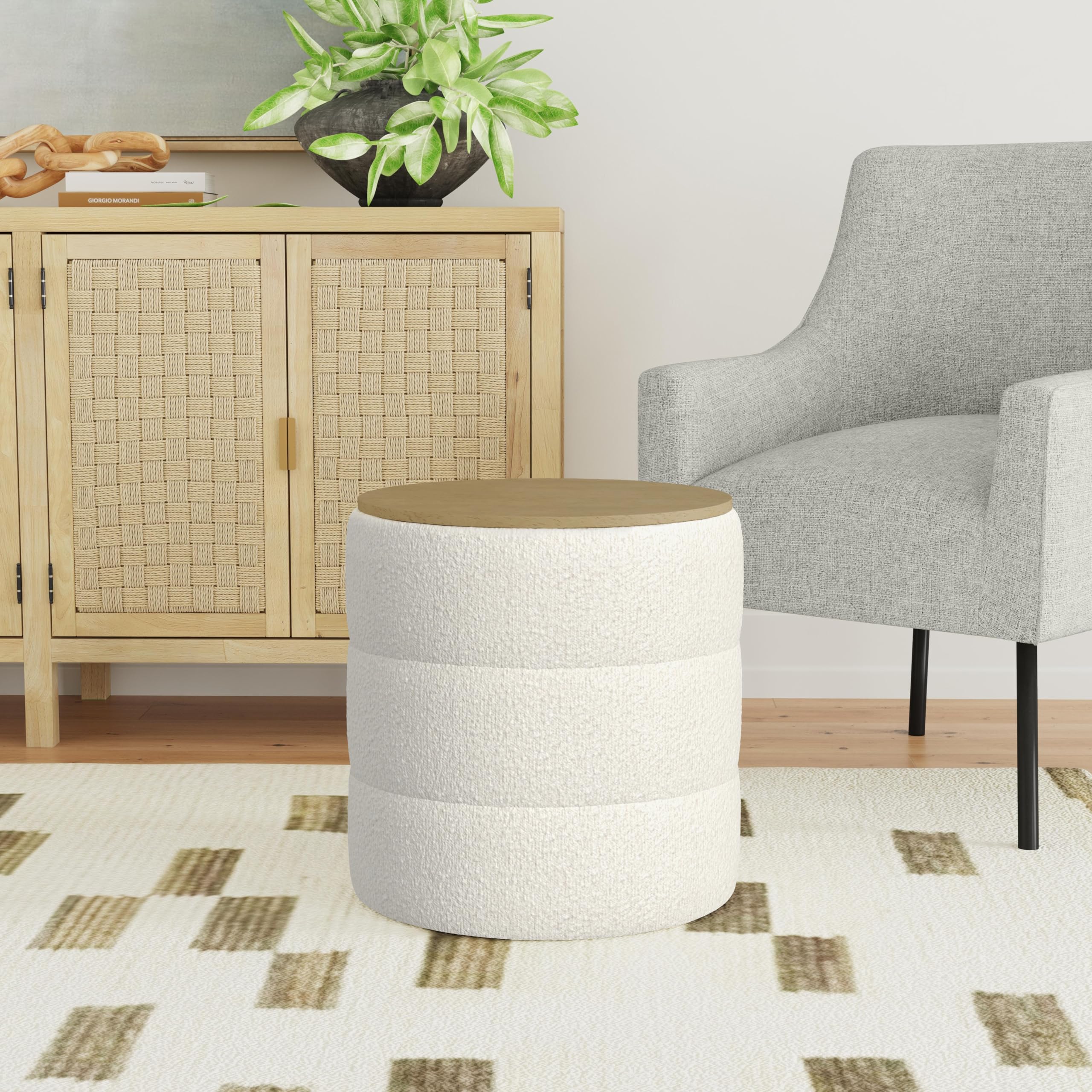 HomePop Channel Storage Ottoman with Wood Top - Cream Boucle