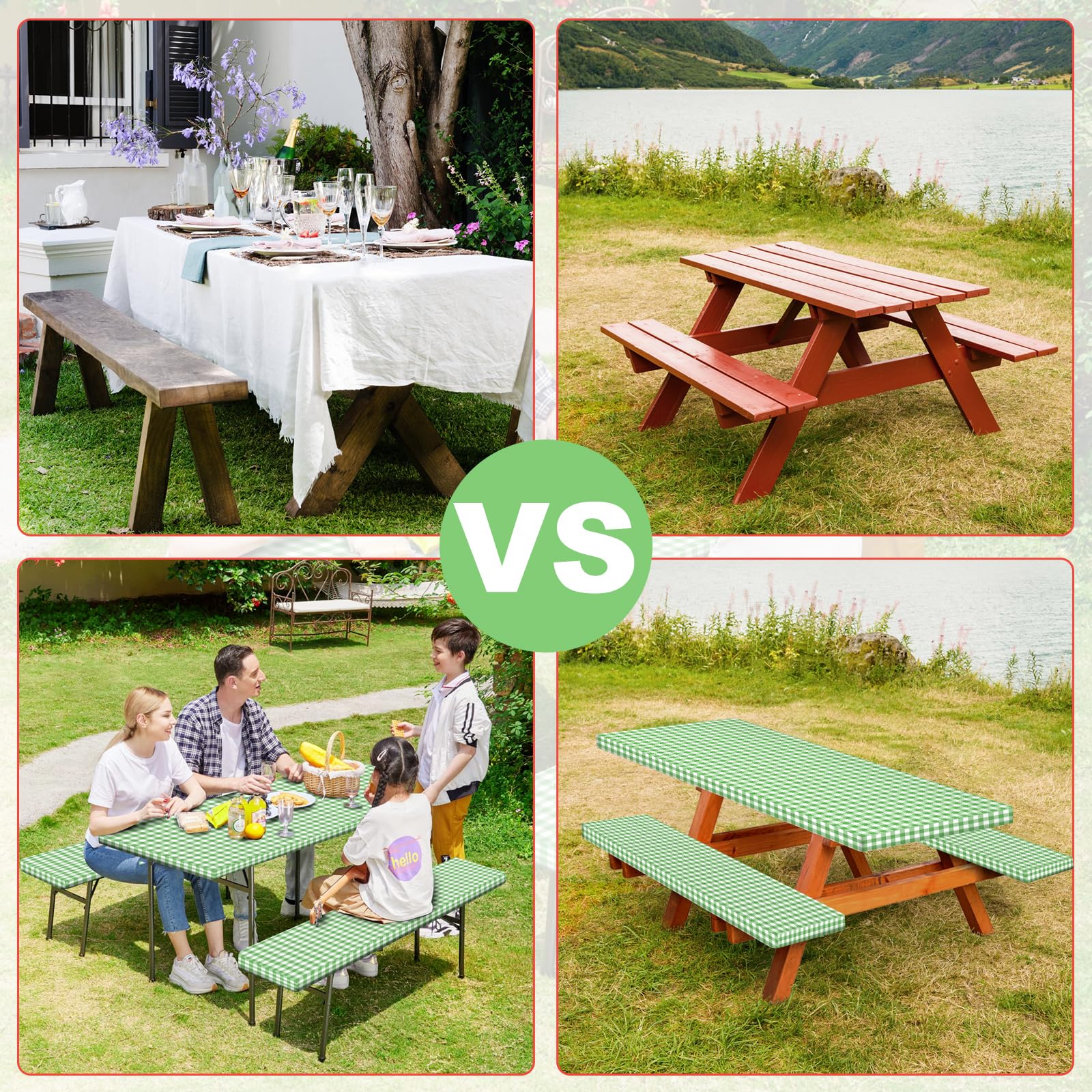 Raweao Picnic Table Cover with Bench Covers - 3 Piece Fitted Picnic Table Cover with Elastic Band and Flannel Backing, Picnic Table Cover for Outdoor, BBQ, Camping (30 X 72 Inch, Green)