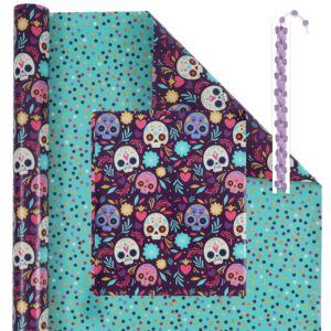 laribbons day of the dead reversible wrapping paper roll with purple pom pom, 17 inch x 33 feet (47sq.ft.ttl.) skull gift wrap paper for dia de los muertos, halloween decoration, mexican fiesta party