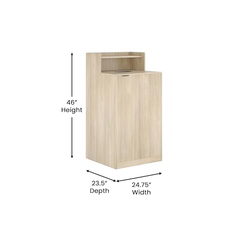 Flash Furniture Dell Trash Can Enclosure with Tray Shelf and 8" Drop Hole, Commercial Grade Trash Receptacle for 32 Gallon Round Cans, Swing Door Access, Oak