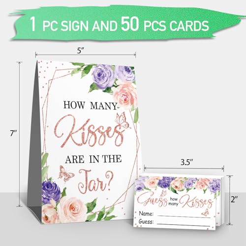 How Many Kisses Purple Floral Bridal Shower Party Game Raffle Cards Kit(1 Standing Sign-50 Guessing Cards) Purple Floral Baby Shower Game Cards Party Decorations Raffle Insert Ticket-5