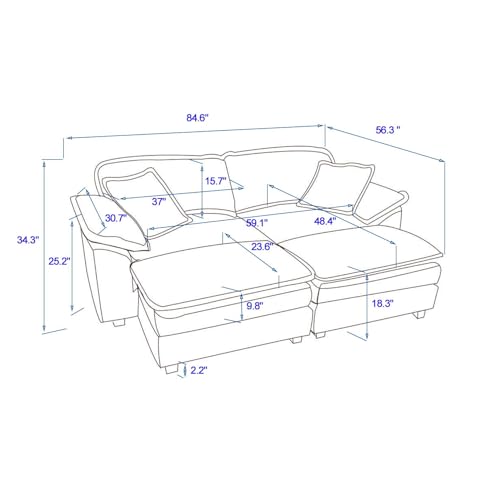 Free Combination Convertible Modular Sectional Sofa Cloud Couch, Comfy Corduroy Double-Upholstered Sleeper Sofa,84.6" Wide Loveseat Couches with Moveable Ottomans and Detachable Pillow-top Armrest