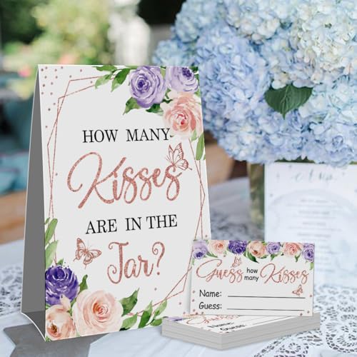 How Many Kisses Purple Floral Bridal Shower Party Game Raffle Cards Kit(1 Standing Sign-50 Guessing Cards) Purple Floral Baby Shower Game Cards Party Decorations Raffle Insert Ticket-5