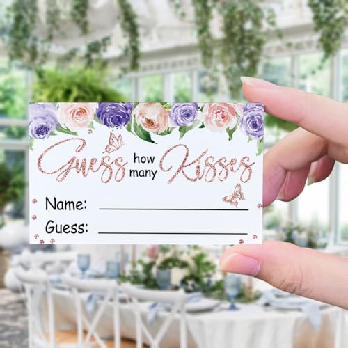 How Many Kisses Purple Floral Bridal Shower Party Game Raffle Cards Kit(1 Standing Sign-50 Guessing Cards) Purple Floral Baby Shower Game Cards Party Decorations Raffle Insert Ticket-5