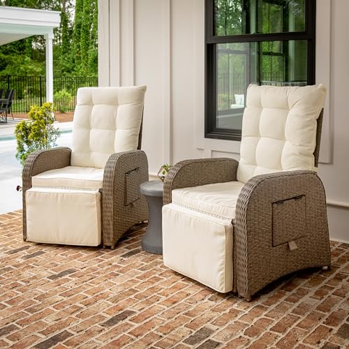 Flash Furniture Nemo Indoor/Outdoor Patio Wicker Rattan Recliner, Lounge Chair with Flip-Up Side Table, Beige/Brown