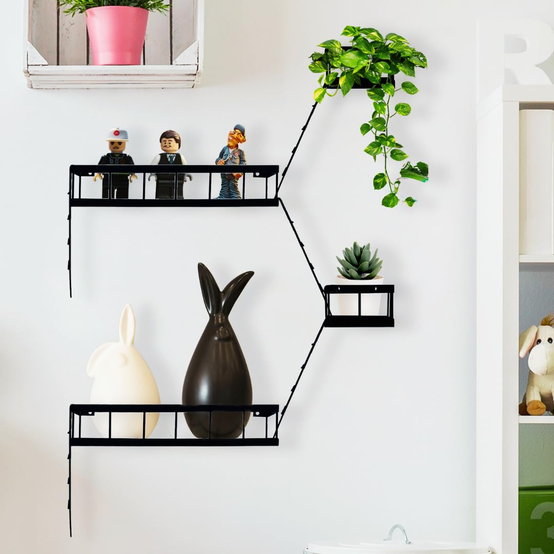 BUNNYBOO Black Metal Mini Fire Escape Wall Shelf Display with Basket for Books, Figurines, Plants, Action Figures Staircase & Ladder Design, Fire Escape Bookshelf, City Stair Shelf (Style 1)