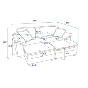 Free Combination Convertible Modular Sectional Sofa Cloud Couch, Comfy Corduroy Double-Upholstered Sleeper Sofa,84.6" Wide Loveseat Couches with Moveable Ottomans and Detachable Pillow-top Armrest