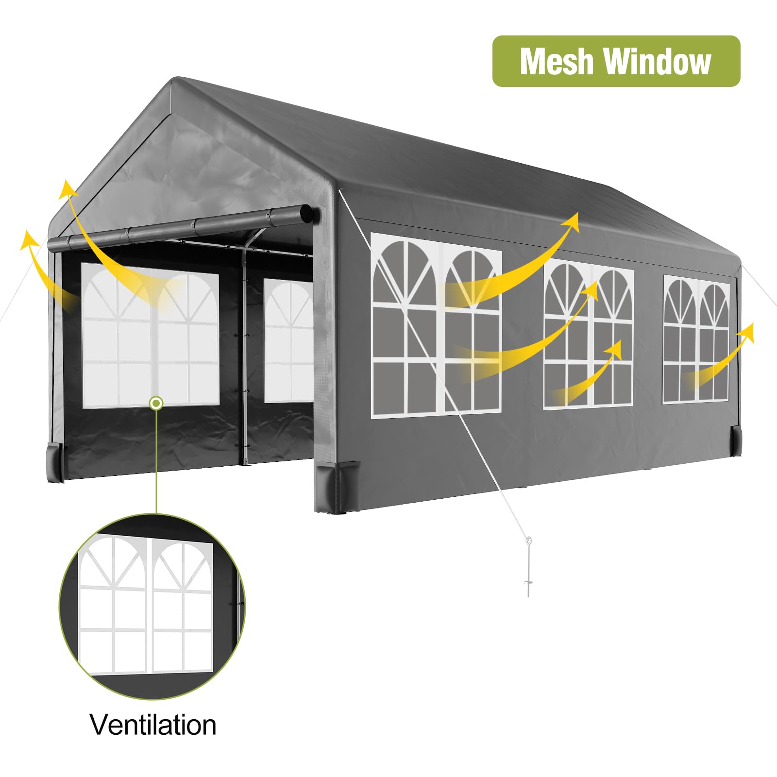 10x20FT Carport, Heavy Duty Carport Canopy with 4 Load-bearing Sandbags, Roll Up Mesh Window, PE Waterproof Canopy, Reinforced steel pipes 1.3mm Tube Wall Thickness for Cars, Truck (Grey)