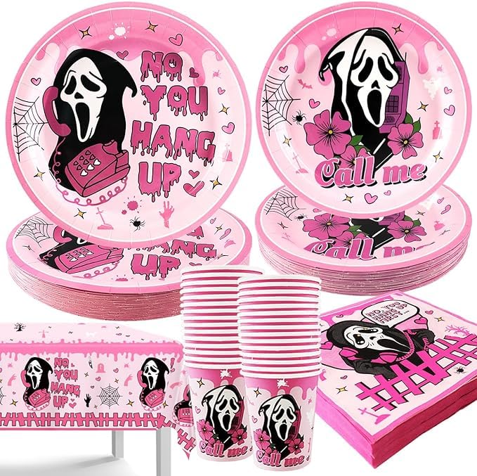 Halloween Decorations 121PCS Pink No You Hang Up Halloween Disposable Tableware Including Call Me Halloween Plates Halloween Cups Halloween Napkins and Halloween Tablecloths Serve 30