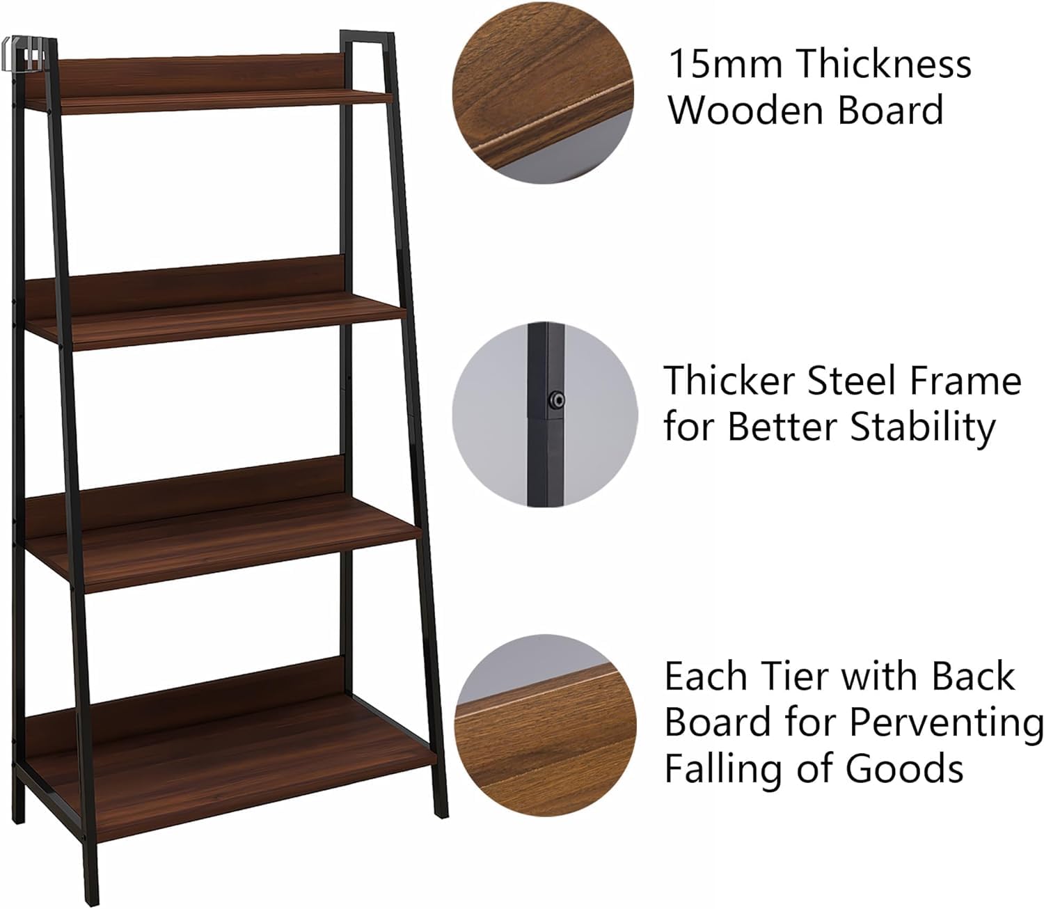 Bookshelf 4-Tier, 23.5inch Ladder Shelf, Industrial Bookcases, Etagere Utility Organizer Shelves, Small Freestanding Display Shelves with Metal Frame for Bedroom, Living Room, Plant, Brown