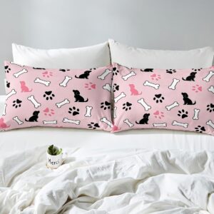 Castle Fairy Cute Dog Pattern Bedding Set,Pink Black White Comforter Cover Set for Teens Women Room Decor,Dog Paw Print Duvet Cover Breathable Kawaii Animals Bedspread Cover Full Size