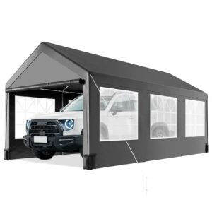 10 * 20 heavy duty carport canopy, pioneerworks portable car tent garage with 6 roll-up windows and all-season tarp cover, metal roof & 4 sandbags for car, suv, truck & boat, grey