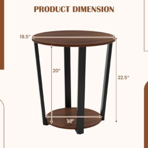 Giantex Round End Table Set of 2, 2-Tier Side Sofa Table with Open Storage Shelf and Metal Frame, Industrial Nightstand Bedside Table for Living Room, Bedroom, Small Space, Accent Furniture, Walnut