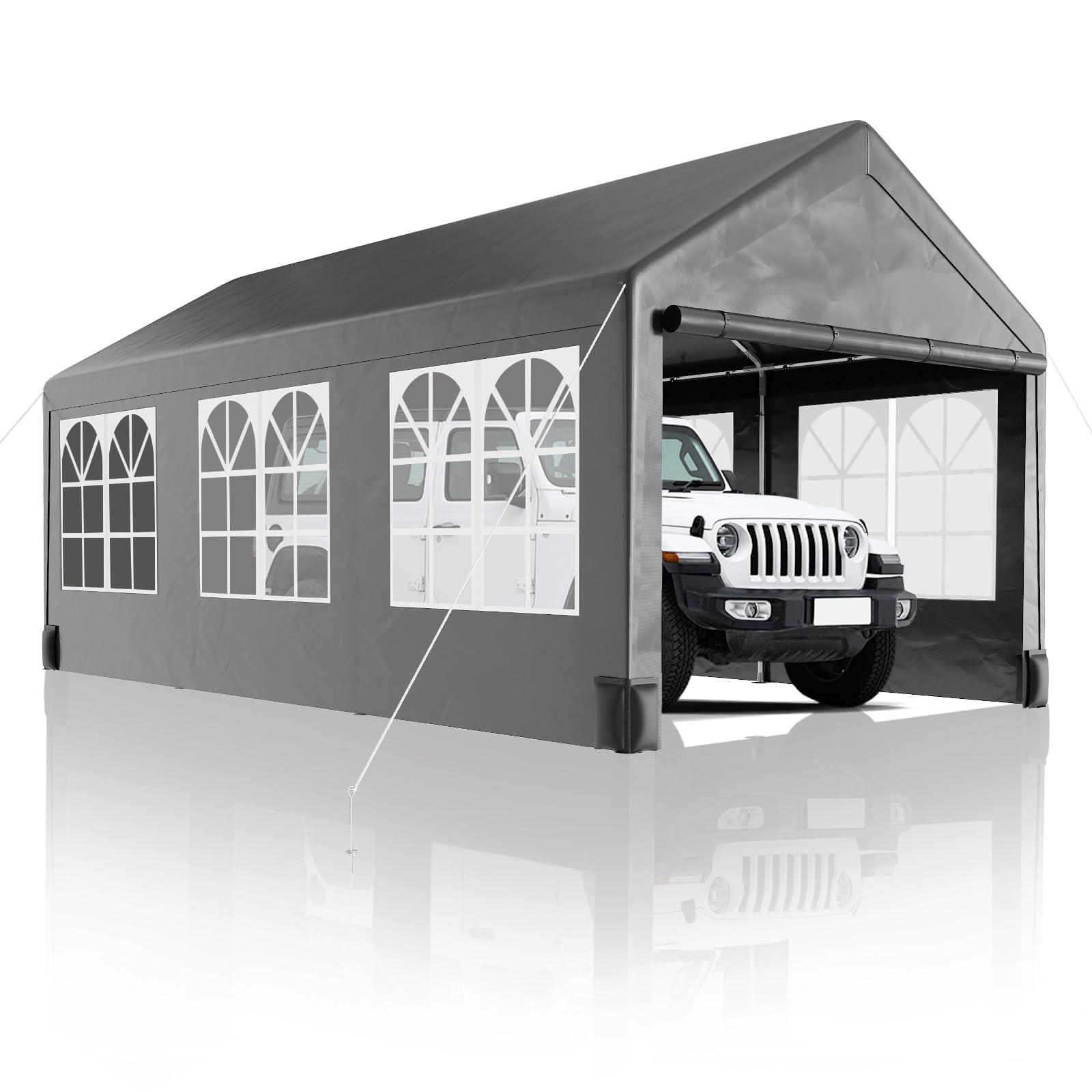 10x20FT Carport, Heavy Duty Carport Canopy with 4 Load-bearing Sandbags, Roll Up Mesh Window, PE Waterproof Canopy, Reinforced steel pipes 1.3mm Tube Wall Thickness for Cars, Truck (Grey)