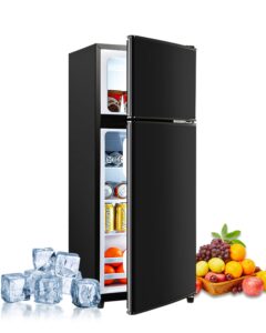 geekman double-door compact fridge with freezer, 3.5 cu. ft. capacity and 7-level adjustable thermostat refrigerator, perfect for apartments, dorms, home offices, and bars, black color