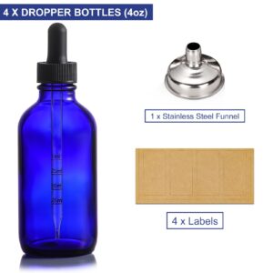 4 Pack 4oz Glass Dropper Bottles with Measured Dropper - 120ml Dark Blue Tincture Bottles with Graduated Calibrated Glass Eye Droppers (1ml) for Essential Oils, Liquids - Leakproof Travel Bottles