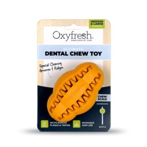 oxyfresh dog dental toy - best durable rubber dog chew toy for aggressive chewers - removes plaque, cleans teeth & freshens breath without brushing (large)