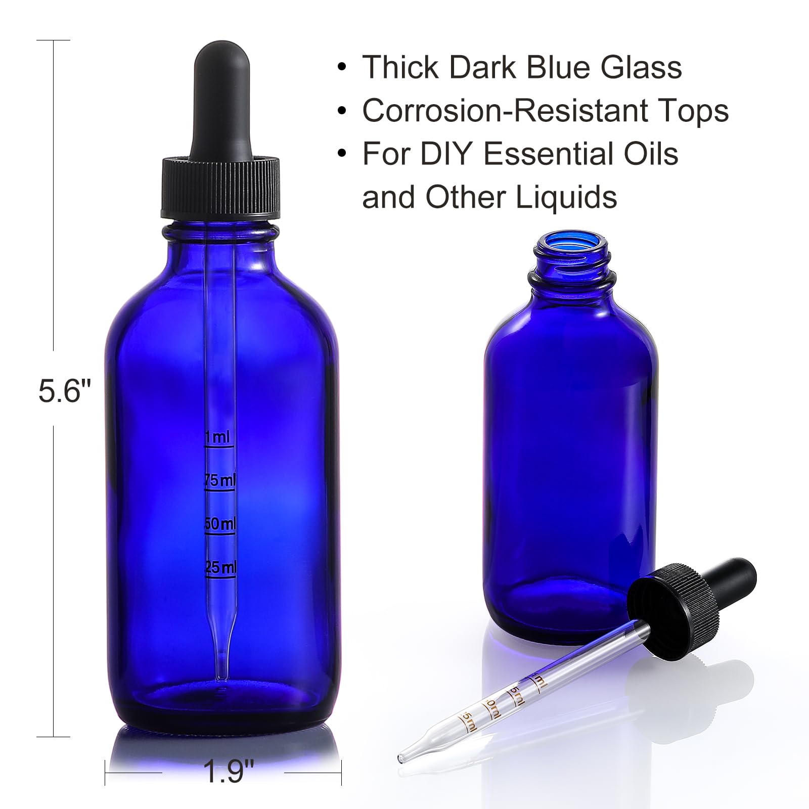 4 Pack 4oz Glass Dropper Bottles with Measured Dropper - 120ml Dark Blue Tincture Bottles with Graduated Calibrated Glass Eye Droppers (1ml) for Essential Oils, Liquids - Leakproof Travel Bottles