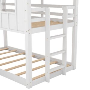 BOVZA House Bunk Beds with Slide, Twin Over Twin House Bunk Bed with Roof and Windows, Wood Low Playhouse Bunk Bed for Kids Boys Girls, White