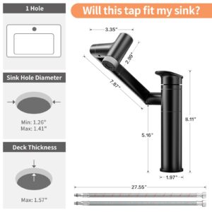 SINGSUO 1080°Rotatable Bathroom Vanity Faucet 1 Hole, Height Adjustable Single Handle Sink Faucet Bathroom with 2 Water Outlet Modes, Bar Sink Faucet Single Hole with Temperature Display (Black)