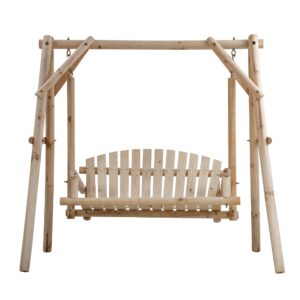 swing and swing frame combination porch swing with stand log swing stand 67 inch wooden porch swing a-frame backyard swing chair outdoor rustic curved garden swing bench, nature