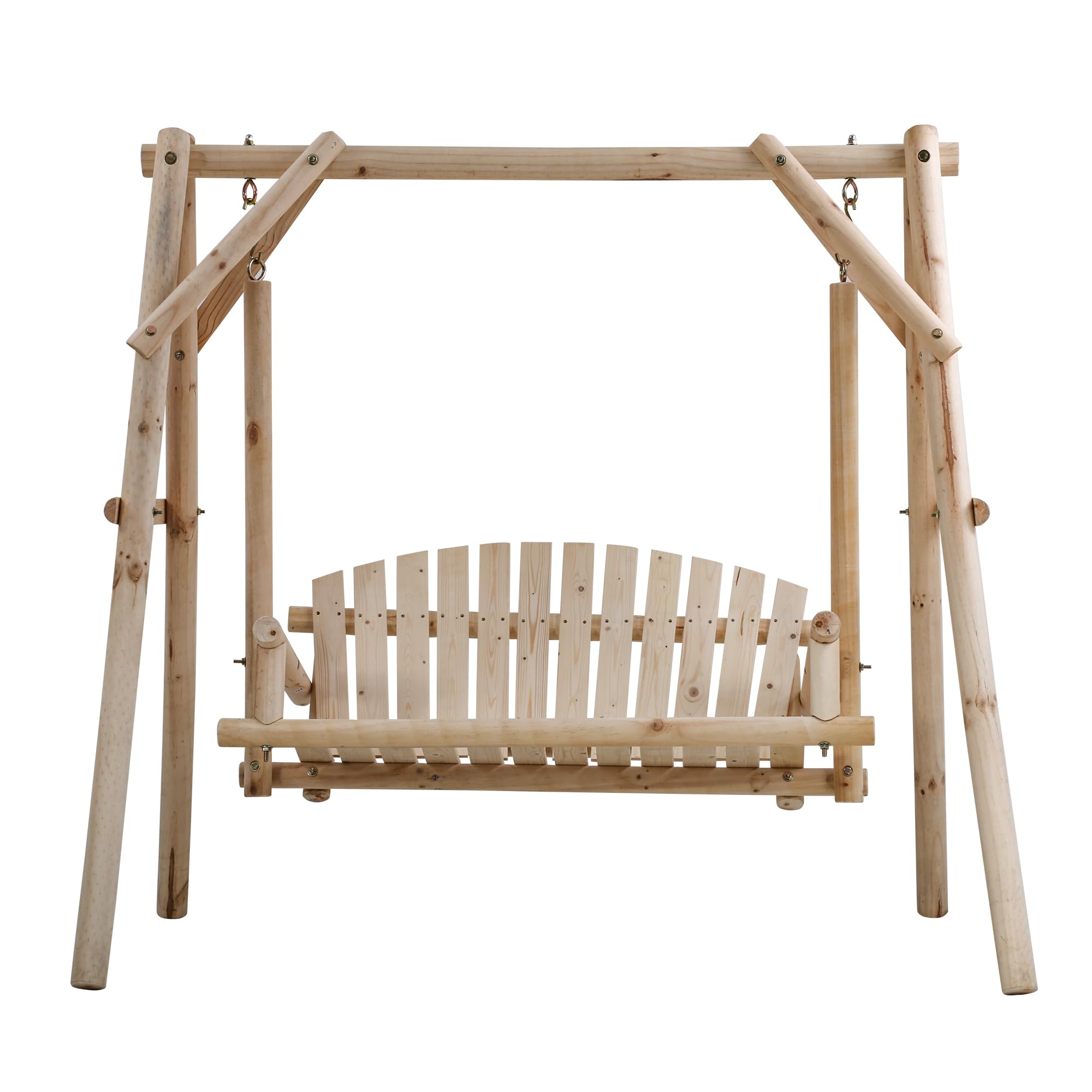 Swing and Swing Frame Combination Porch Swing with Stand Log Swing Stand 67 Inch Wooden Porch Swing A-Frame Backyard Swing Chair Outdoor Rustic Curved Garden Swing Bench, Nature