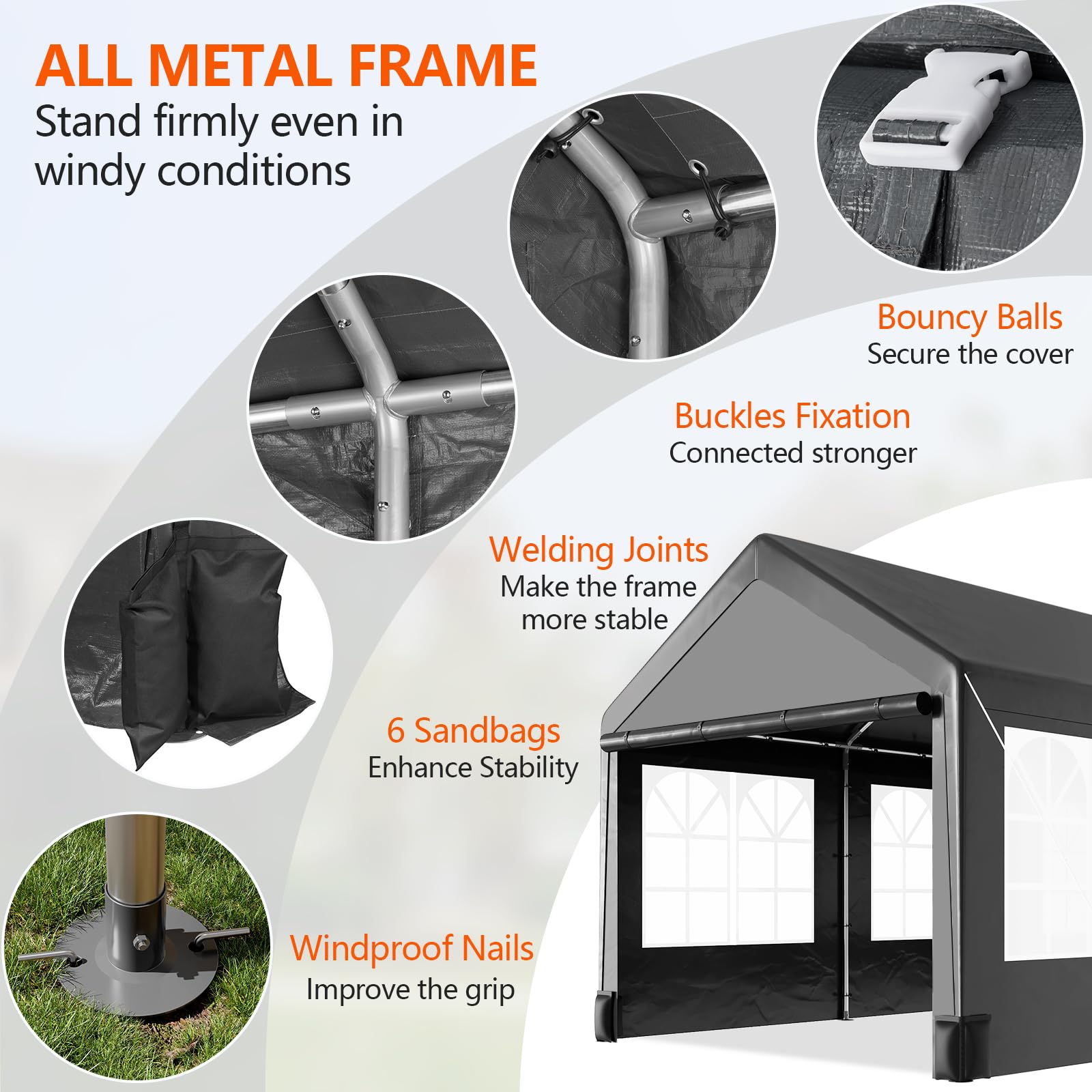 GarveeLife 10 * 20 Heavy Duty Carport Canopy, Portable Car Tent Garage with 6 Roll-up Windows and All-Season Tarp Cover, Metal Roof & 4 Sandbags for Car, SUV, Truck & Boat, Grey