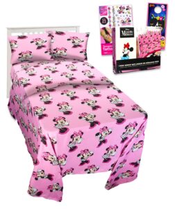 minnie mouse twin bedding set for toddlers - bundle includes minnie mouse sheets with flat sheet, fitted sheet, and pillowcase for twin bed plus tattoos, more | minnie mouse bedroom decor