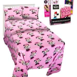 Minnie Mouse Twin Bedding Set for Toddlers - Bundle Includes Minnie Mouse Sheets with Flat Sheet, Fitted Sheet, and Pillowcase for Twin Bed Plus Tattoos, More | Minnie Mouse Bedroom Decor