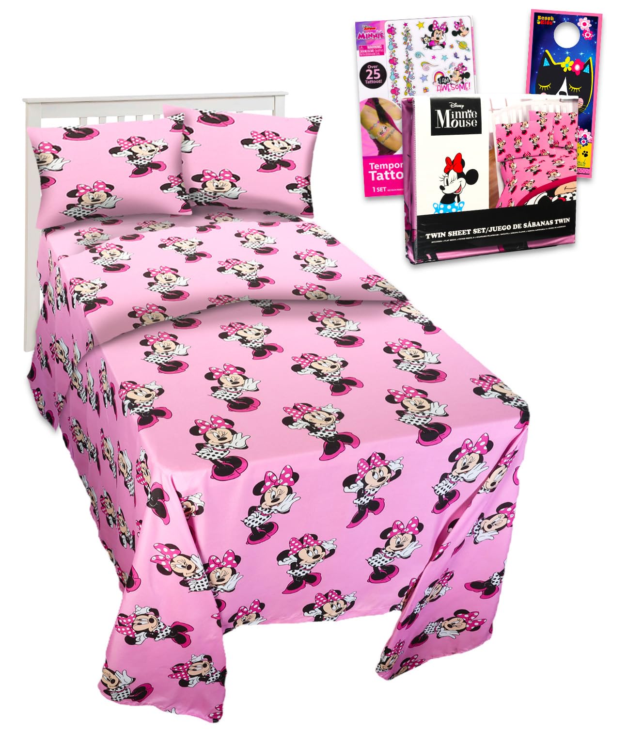 Minnie Mouse Twin Bedding Set for Toddlers - Bundle Includes Minnie Mouse Sheets with Flat Sheet, Fitted Sheet, and Pillowcase for Twin Bed Plus Tattoos, More | Minnie Mouse Bedroom Decor