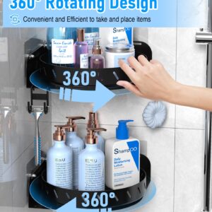 360°Rotating Corner Shower Caddy Shelf With 6 Hooks,2PACK Bathroom Lazy Susan Shower Organizer Corner with 5Pcs Adhesive,Stainless Steel Shower Racks for Inside Shower for Home Apartment Decor(Black）