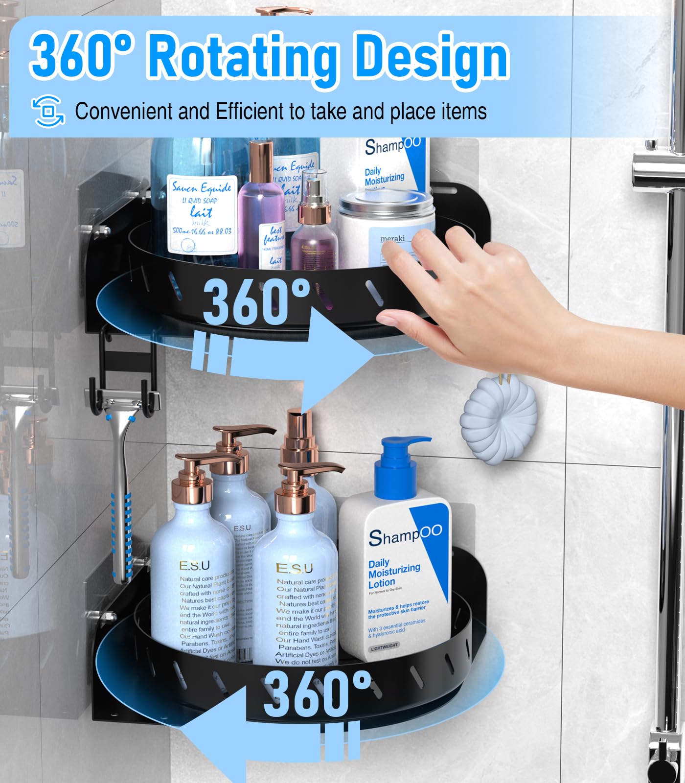 360°Rotating Corner Shower Caddy Shelf With 6 Hooks,2PACK Bathroom Lazy Susan Shower Organizer Corner with 5Pcs Adhesive,Stainless Steel Shower Racks for Inside Shower for Home Apartment Decor(Black）