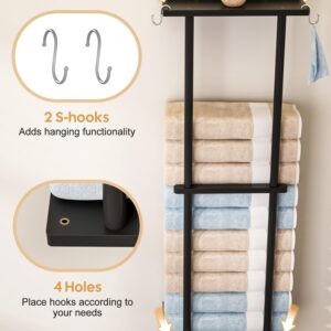 Cozivolife Bamboo Towel Rack for Bathroom with 2 Hooks, 32.7 inch with Shelf Wall Mounted Towel Storage Organizer, Large Capacity Towel Holder for Bathe Towels and Hand Towels (Black)