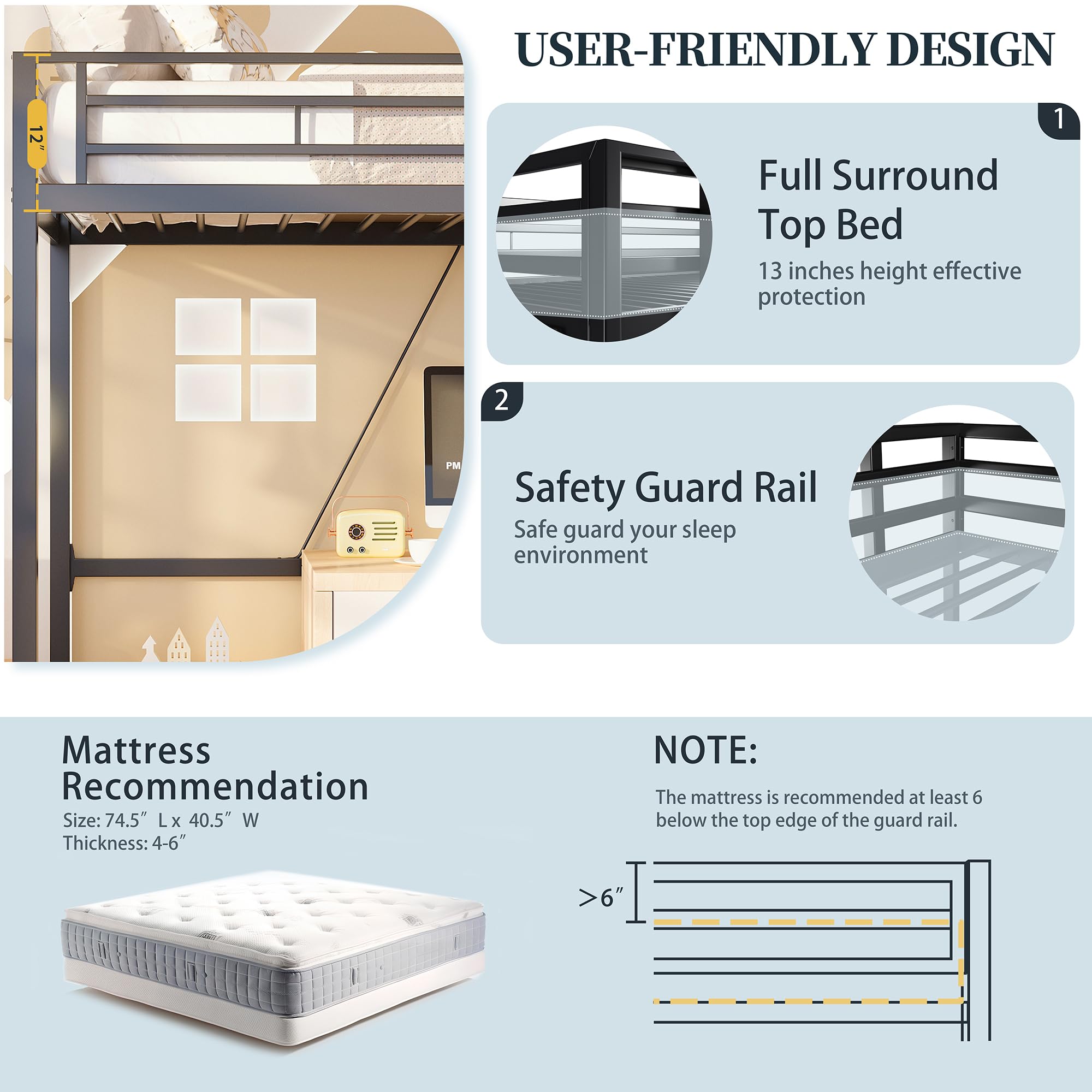 SUNLEI Loft Bed Twin Size with a Removable Ladder, Metal Twin Loft Bed with Safety Guard, Space-Saving Bed Frame, Noise Free for Small Bedroom, Black