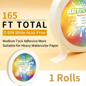 ETNRHP White Art Tape Medium Tack Artist Masking Tape Paper Acid Free Tape Watercolor Painters Tape Artists Tape for Drafting Art Watercolor Painting Canvas Framing, 0.6 inch Wide 165FT Long