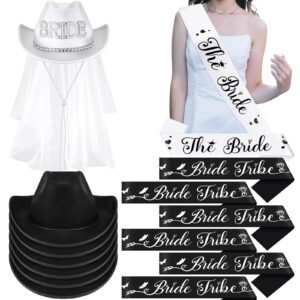 newcotte 14 pcs bride cowgirl hat with veil and satin sash bachelorette cowboy hats set for wedding party bridal shower decor(white and black)