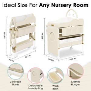 Portable Baby Changing Table with Wheels - Modern Dresser Changing Tables w/Hanging Toys, Laundry Bag, Changing Table Organizer Boxes - Folding Waterproof Baby Diaper Changing Station for Nursery