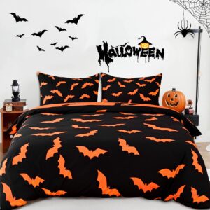 aspmiz 3 piece halloween duvet cover queen size set, black bats duvet cover set with zipper closure, orange flying bat comforter cover set 1 duvet cover 90 x 90 inches & 2 pillow shams